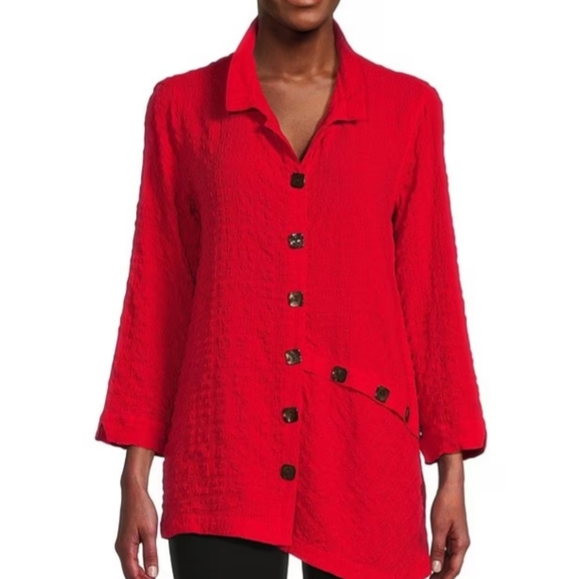 Ali Miles | Tops | Ali Miles Textured Woven Wire Collar 34 Sleeve Uneven Hem Button Front Tunic ...
